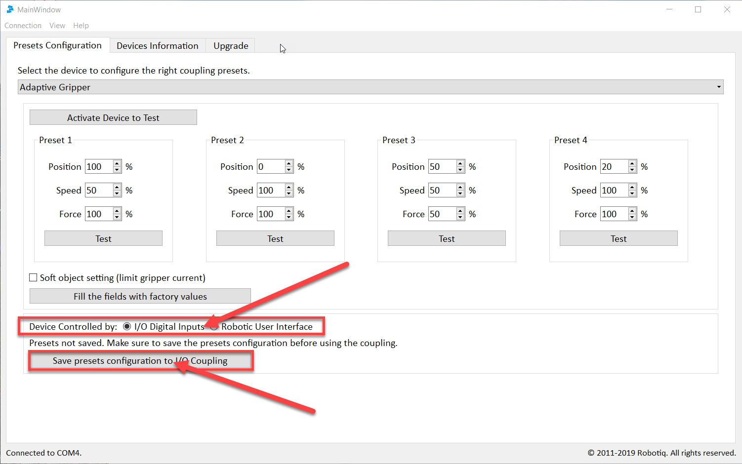How to change the presets of the I/O Coupling? – Robotiq
